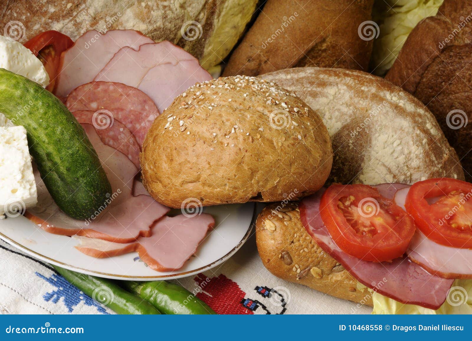 Cheese, bread and meat stock photo. Image of morning - 10468558