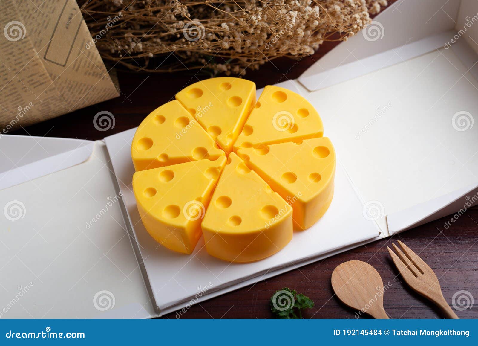 Cheese Cake with White Box Packaging on Wooden Table Stock Photo ...