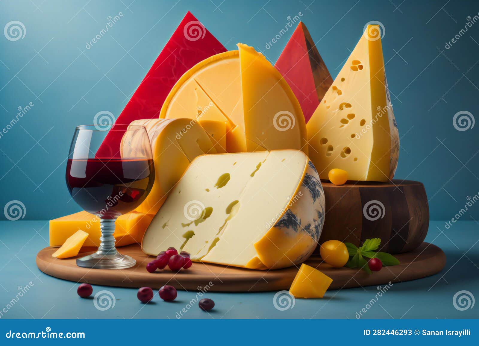 Cheese Collection, Various Types of Cheese with Red Wine on Blue ...