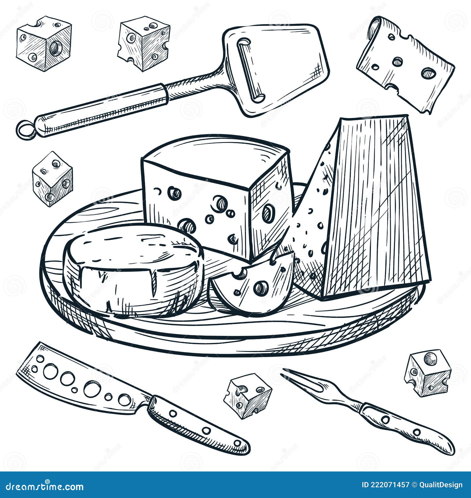 Cheese Collection On Wooden Plate And Knives Set Vector Hand Drawn