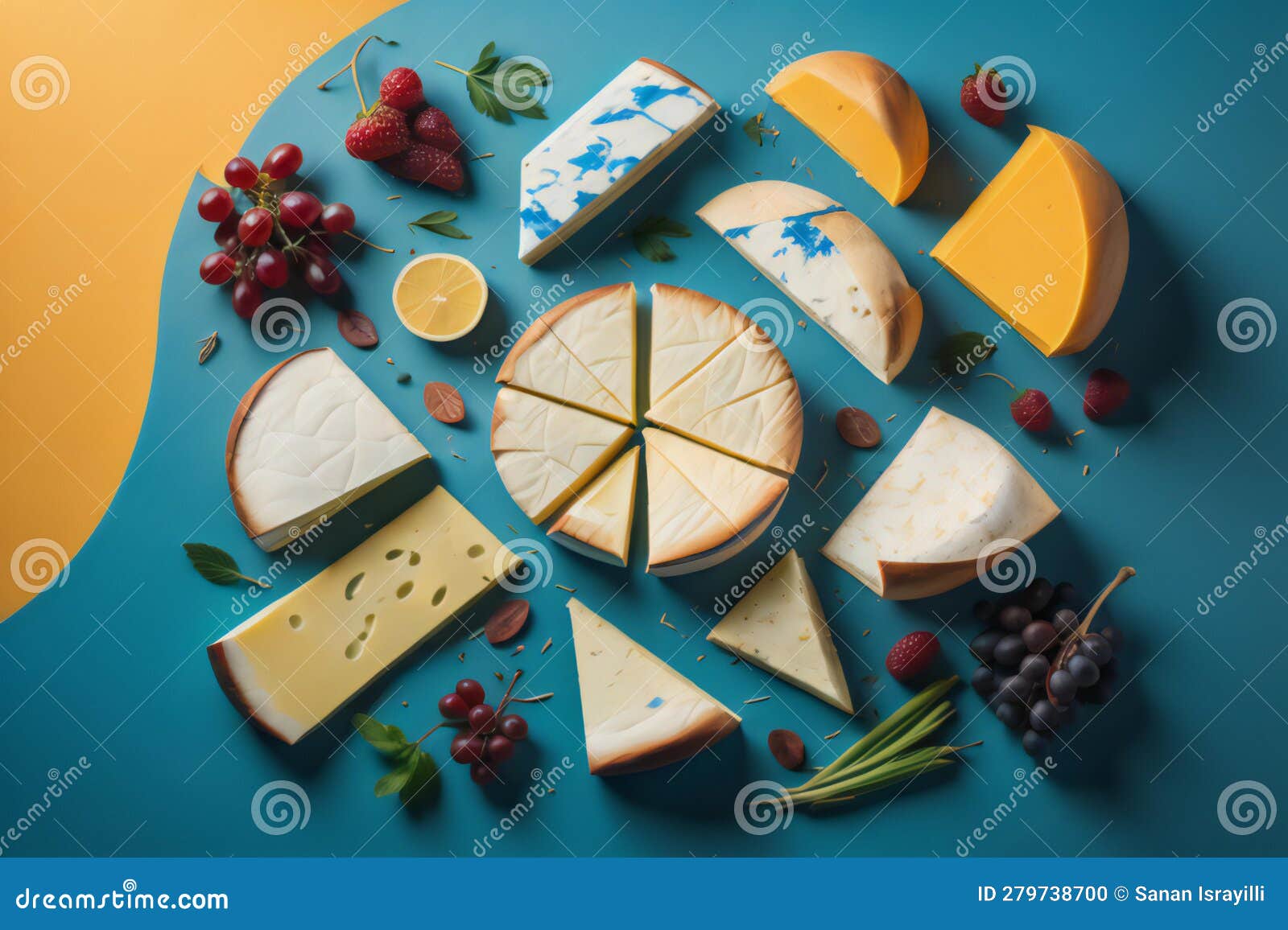 Cheese Composition. Assorted Cheeses on Blue Background. Top View Stock ...