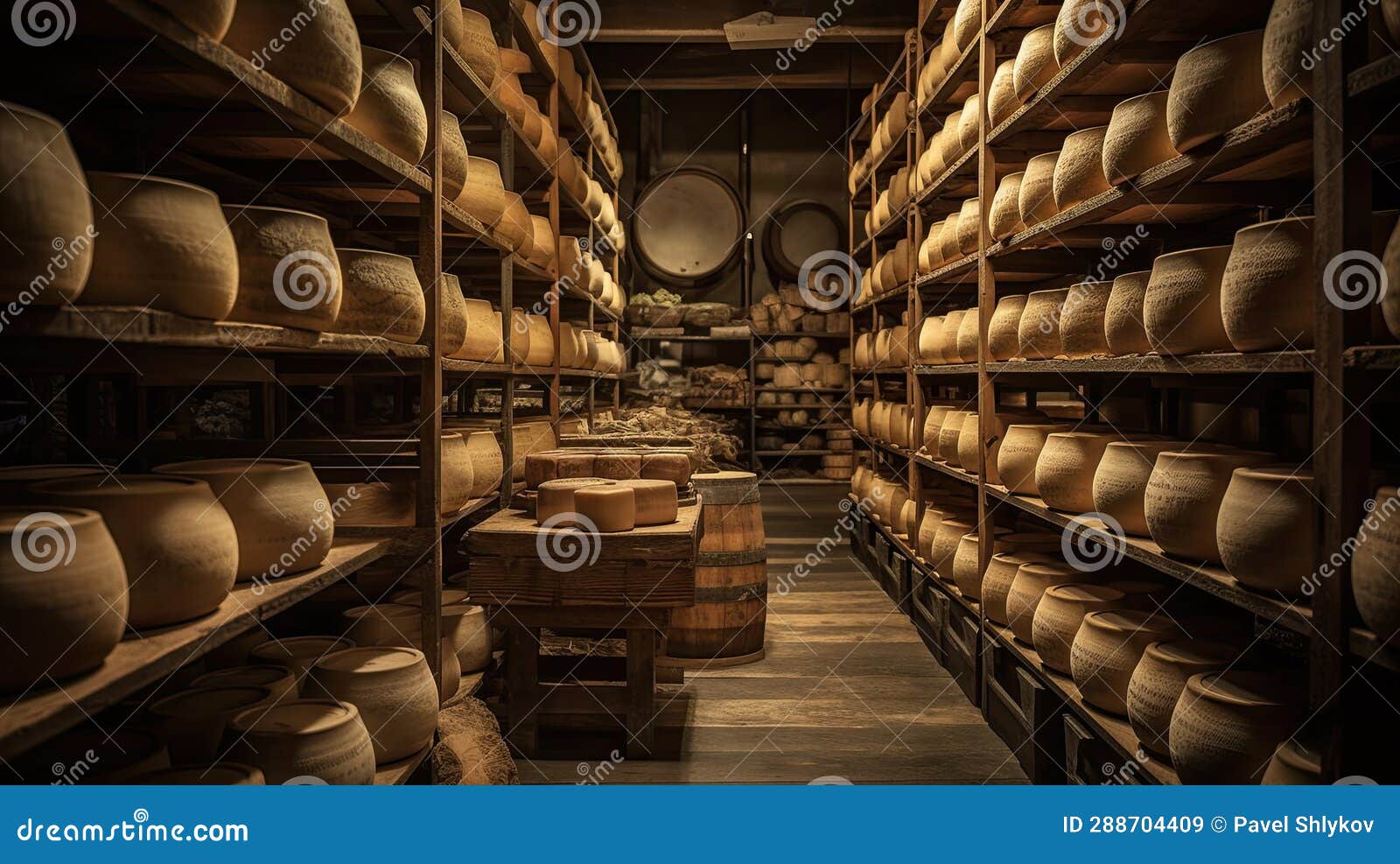 Cheese Factory Warehouse with Shelves Stacked with Rows of Cheese ...