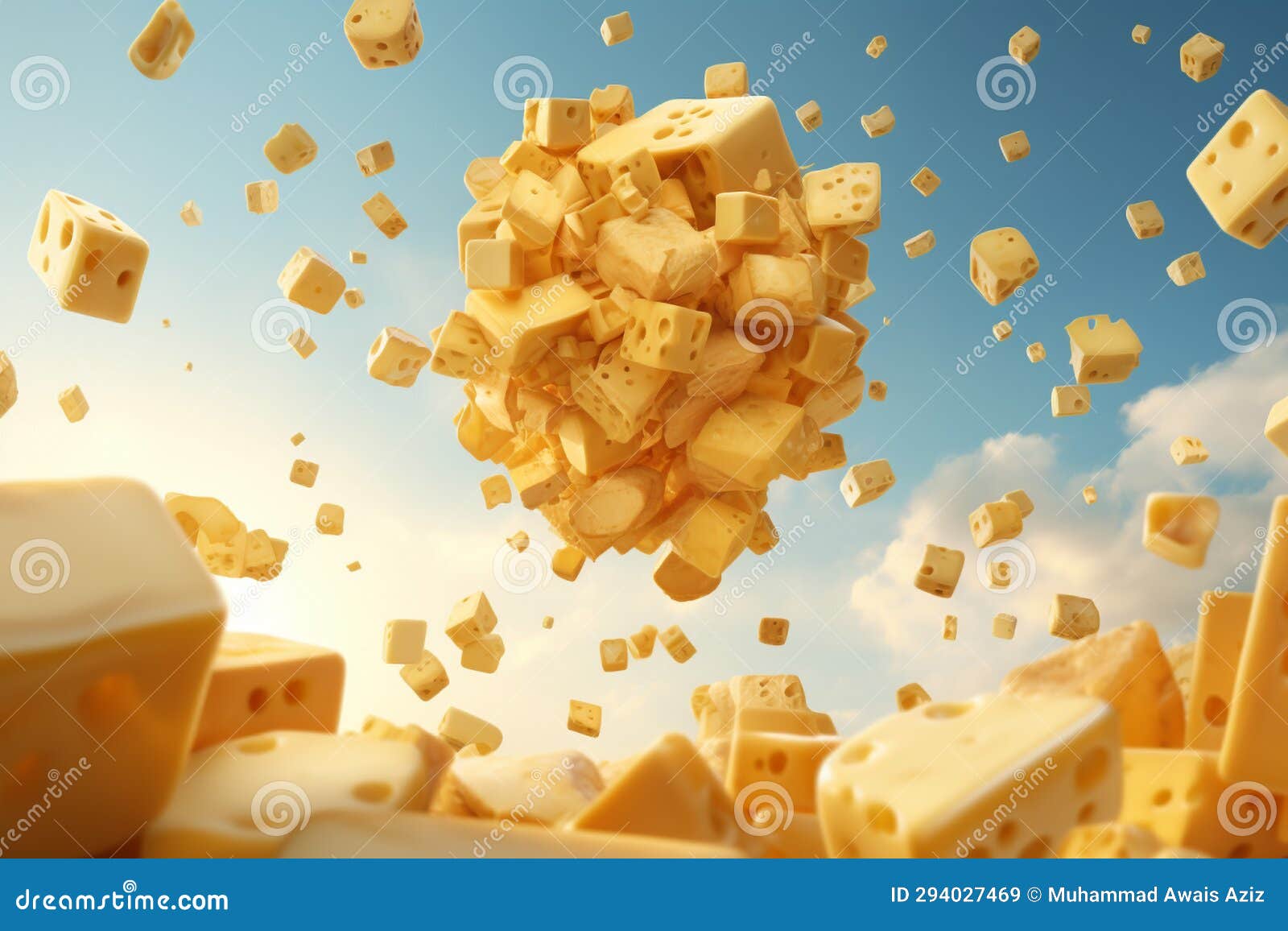 Cheese Falling into the Air with Flying Pieces on Blue Sky Background ...