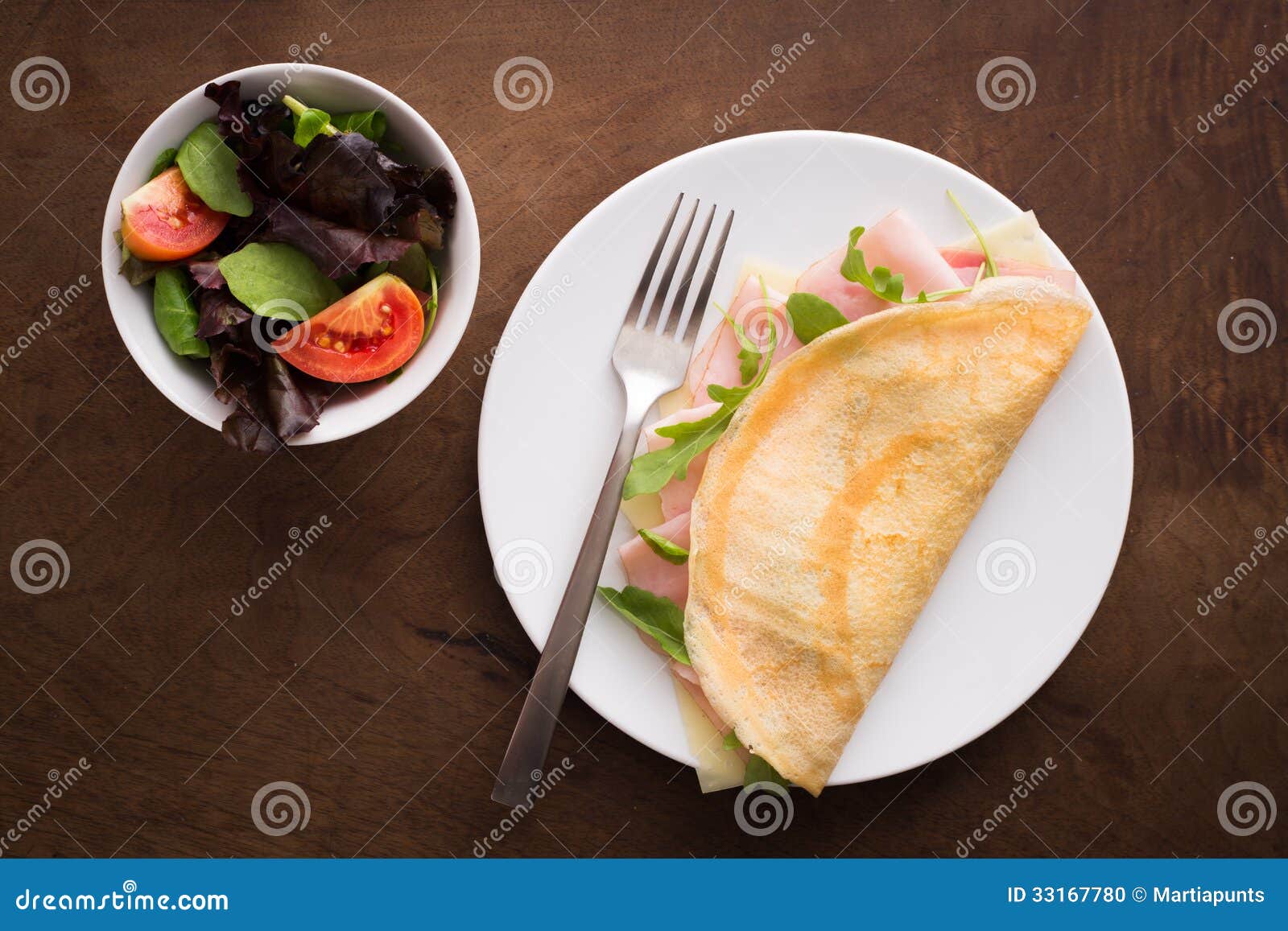 Cheese and Ham Crepe with Salad Stock Photo - Image of wood ...