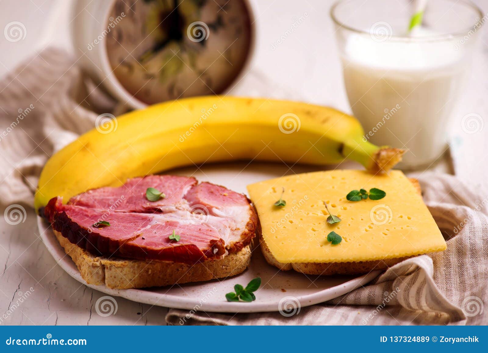 Cheese and Ham Sandwiches and Milk.Healthy Breakfast Stock Image ...