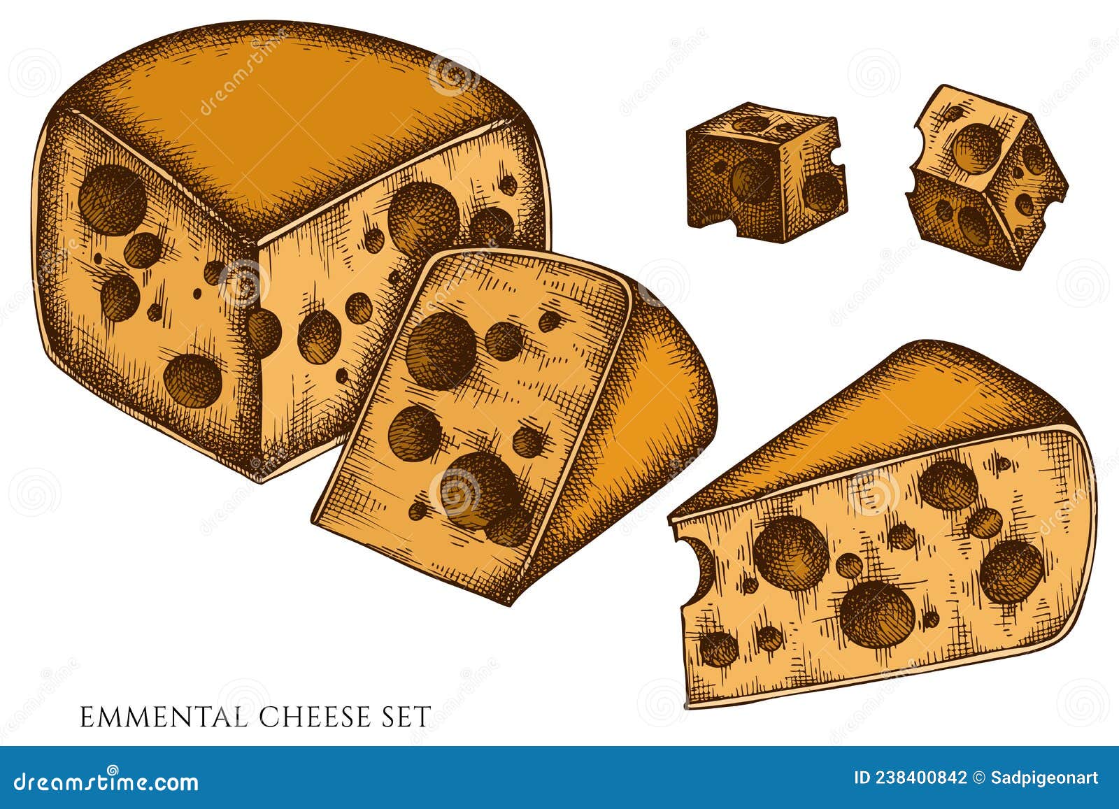 Cheese Hand Drawn Vector Illustrations Collection. Colored Emmental ...