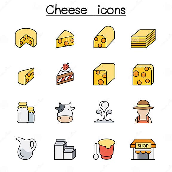 Cheese Icon Set in Thin Line Style Stock Vector - Illustration of round ...