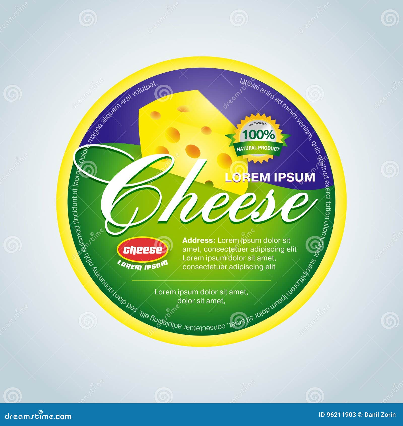 Cheese Label Template Design. Green and Violet Round Cheese Label ...