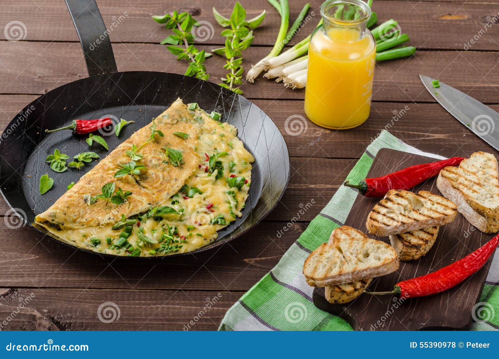 Cheese Omelet with Spring Onions, Herbs and Chilli Stock Photo - Image ...
