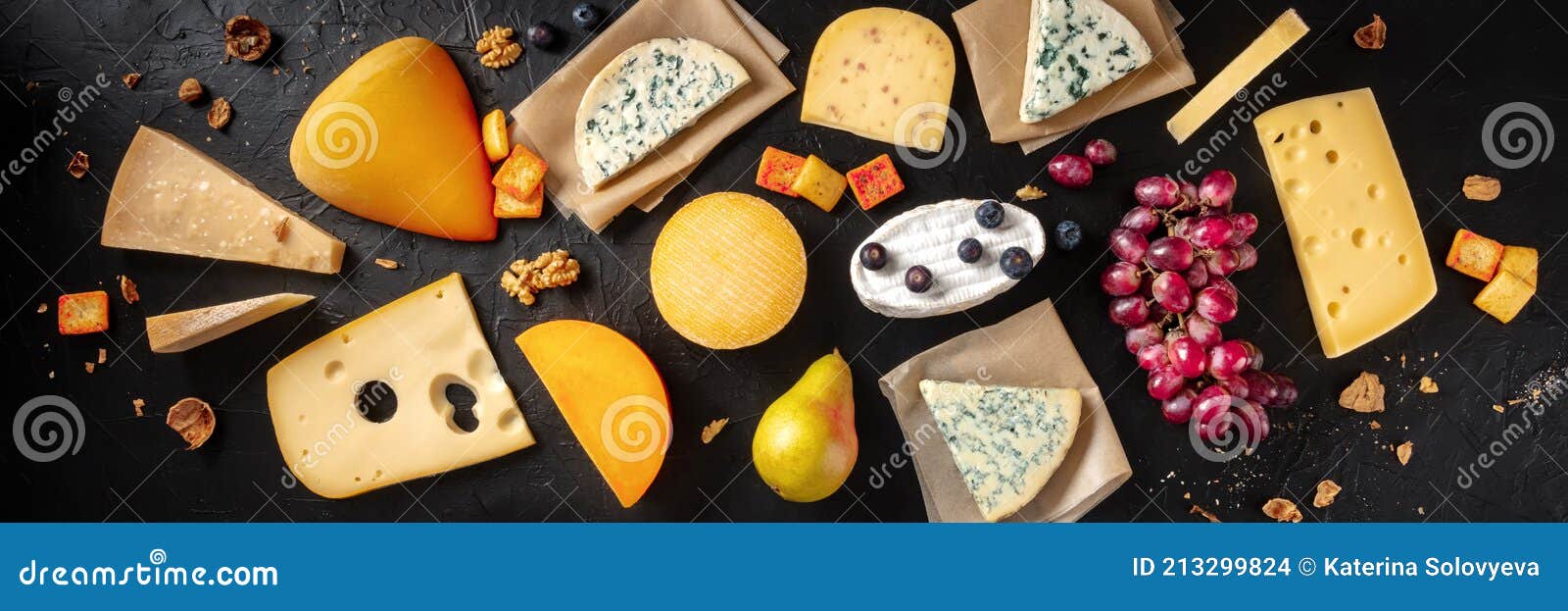 Cheese Panorama. Many Different Cheeses, Shot from the Top Stock Photo ...