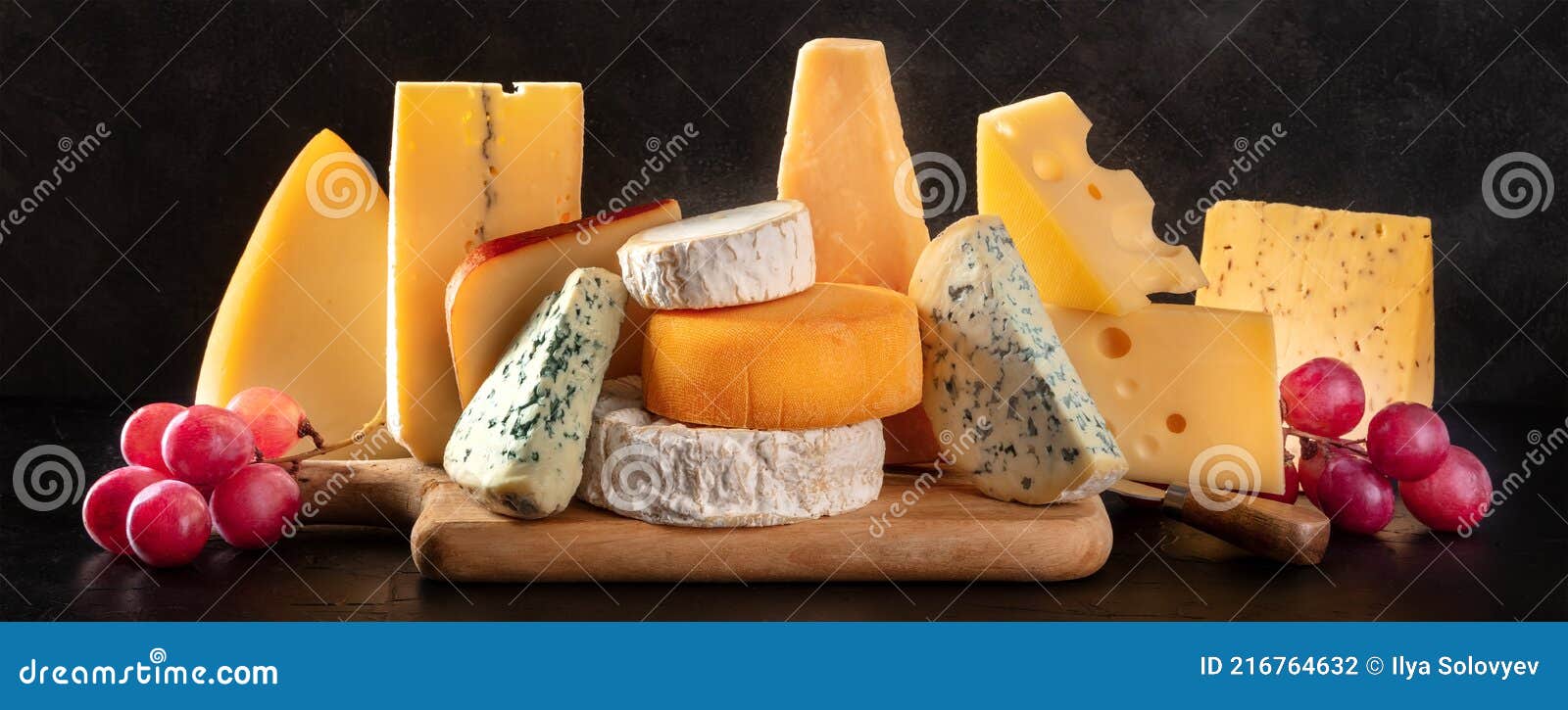 Cheese Panorama with Various Types of Cheeses, Side View Stock Photo ...
