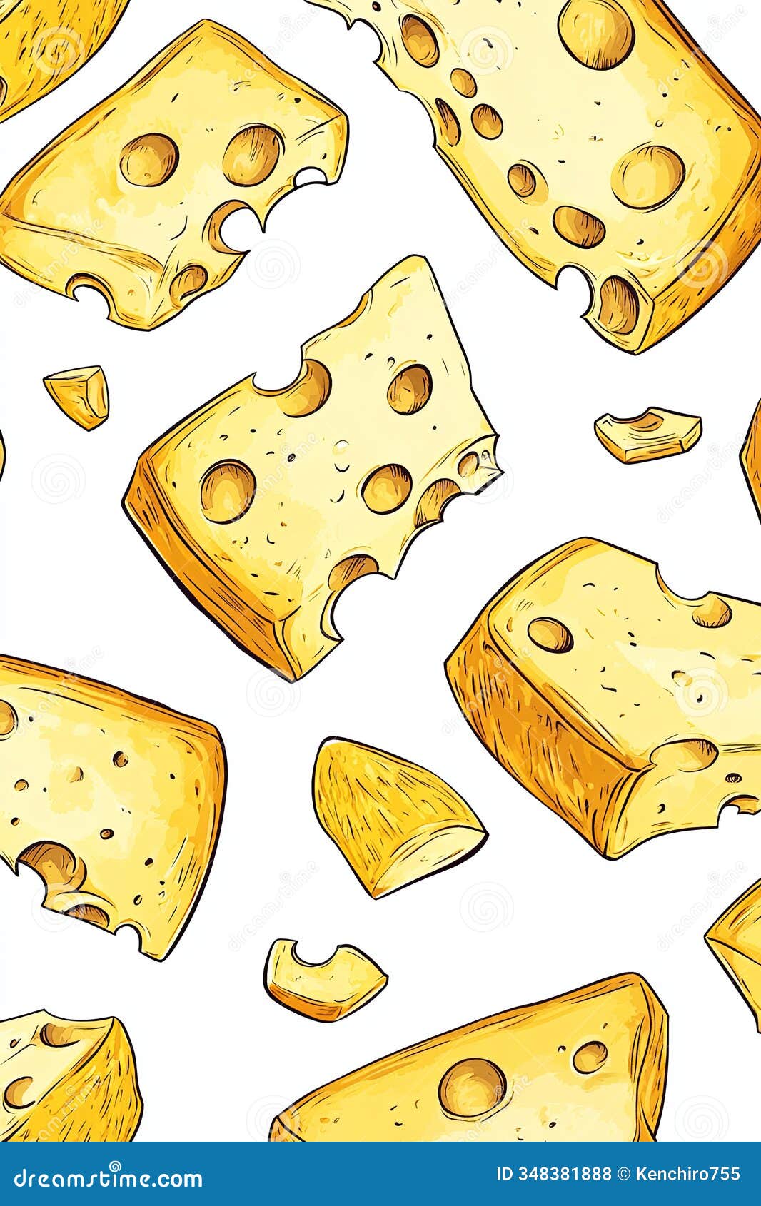 Cheese Pattern with Cartoon Style Cheese Pieces on White Background ...