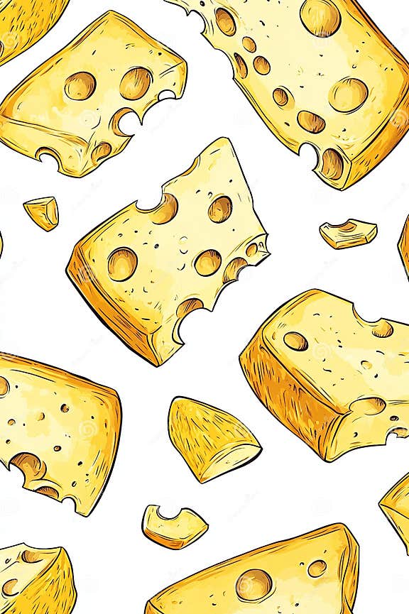Cheese Pattern with Cartoon Style Cheese Pieces on White Background ...