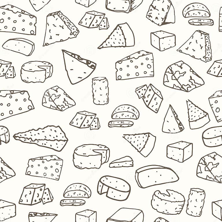 Cheese Pattern. Seamless Background with Hand Drawn Different Cheese ...