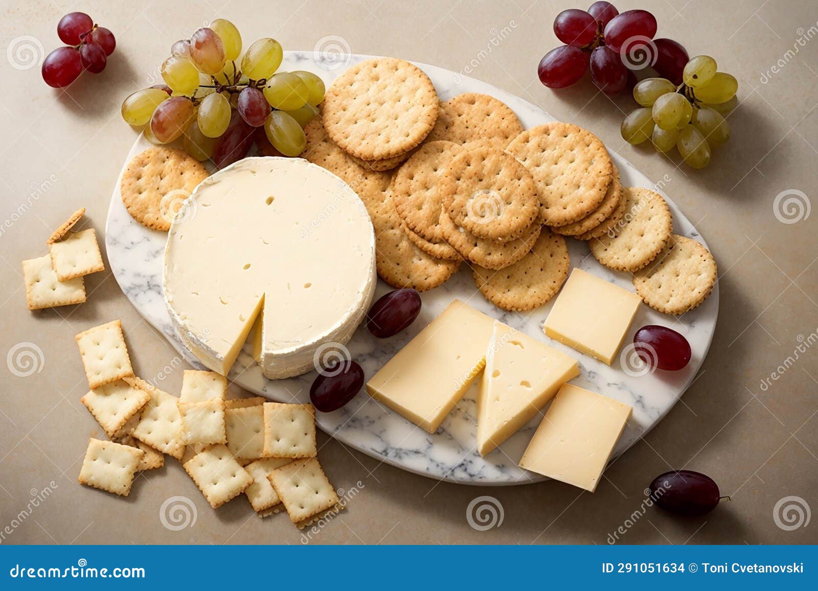 Cheese Plate with Crackers, Grapes on Table Stock Illustration ...