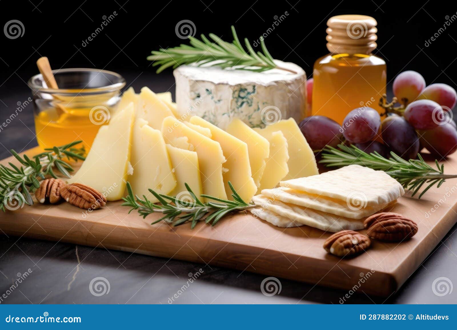 Cheese Platter with Honey, Figs, and Rosemary Sprigs Stock Photo ...