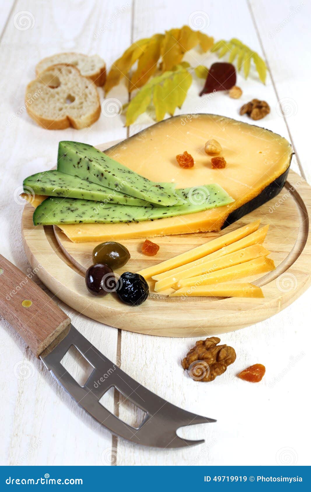 Cheese Platter: Solid Cheese, Olives, Walnuts and Autumn Leaves Stock ...