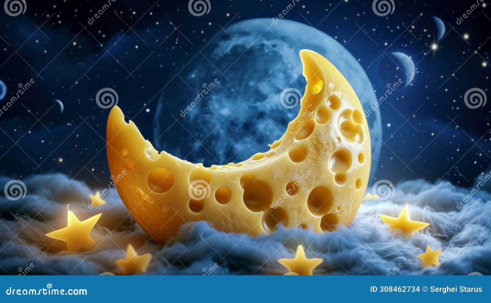 A Cheese is Shown in the Shape of a Crescent Moon with Stars Around it ...