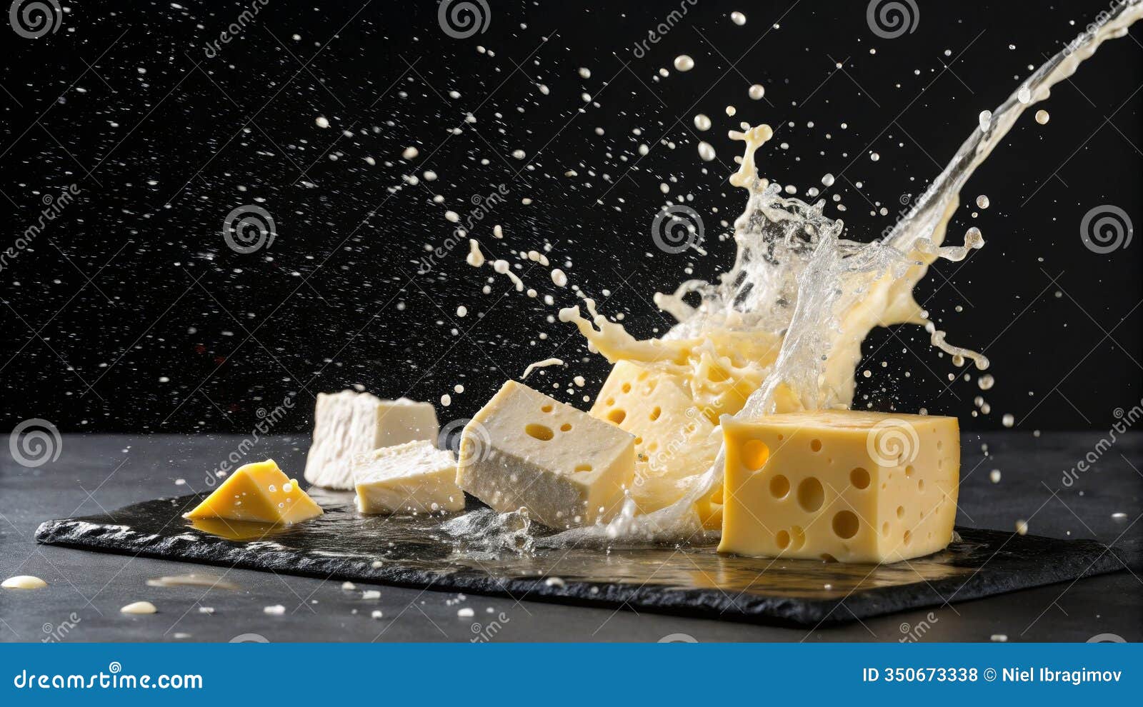 Cheese Splash with High-Speed Motion on Black Background Stock Photo ...