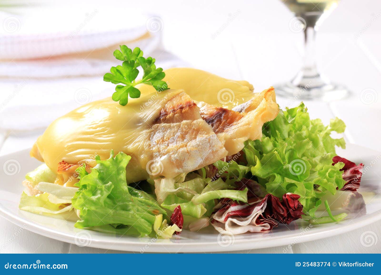Cheese Topped Fish Fillets with Salad Stock Photo - Image of pollock ...