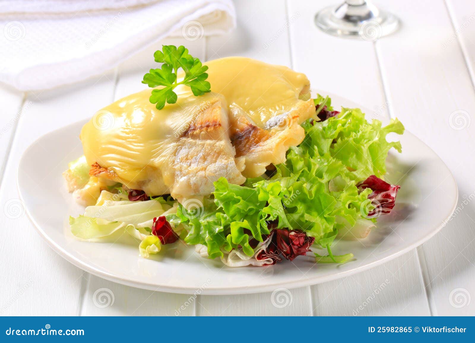 Cheese Topped Fish Fillets with Salad Stock Image - Image of fillet ...