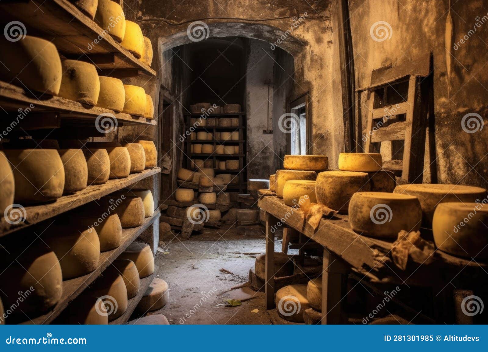 Cheese Wheel Aging in a Traditional Cellar Stock Illustration ...
