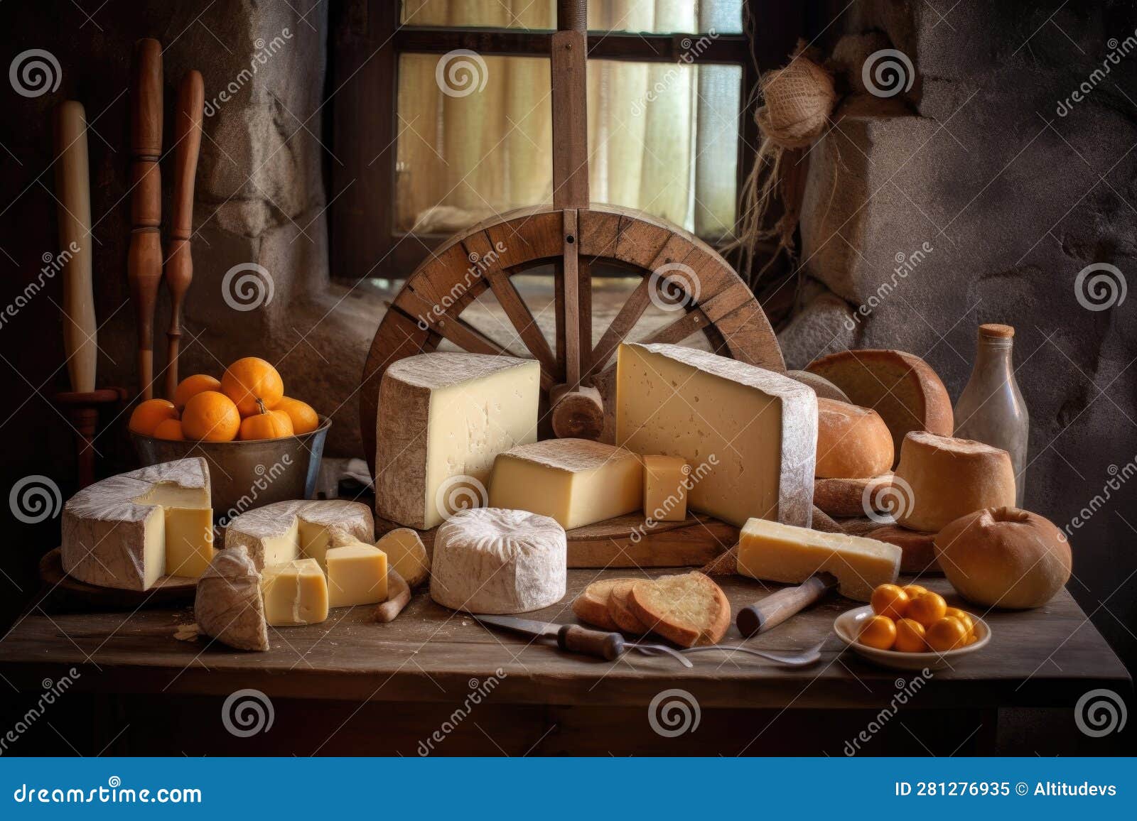 Cheese Wheel Cut into Wedges on Rustic Table Stock Illustration ...