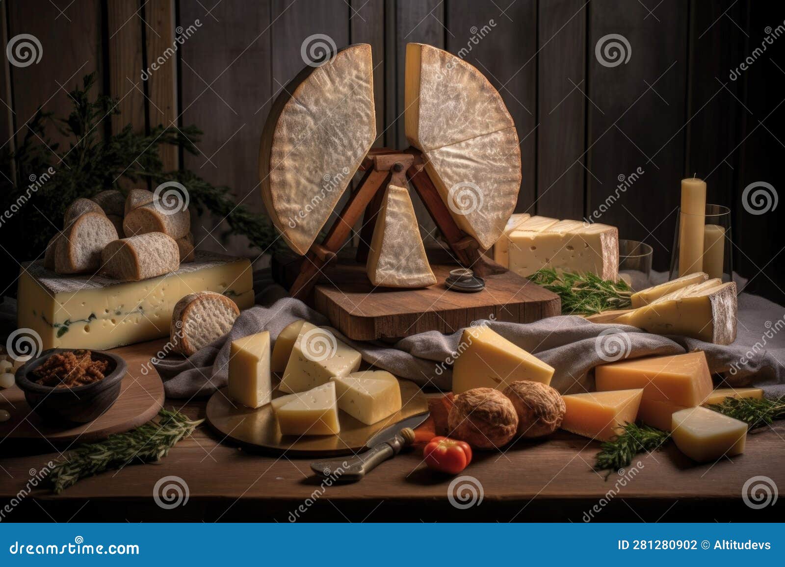 Cheese Wheel Cut into Wedges on Rustic Table Stock Illustration ...