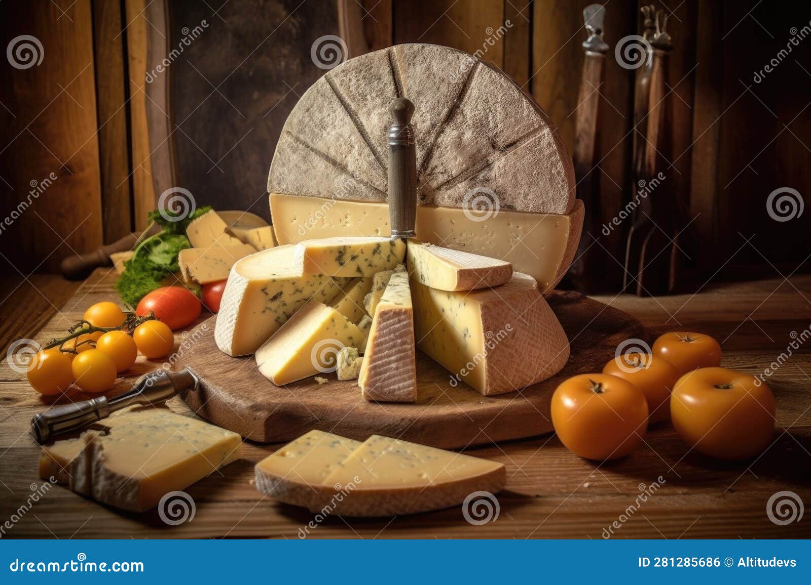 Cheese Wheel Cut into Wedges on Rustic Table Stock Illustration ...