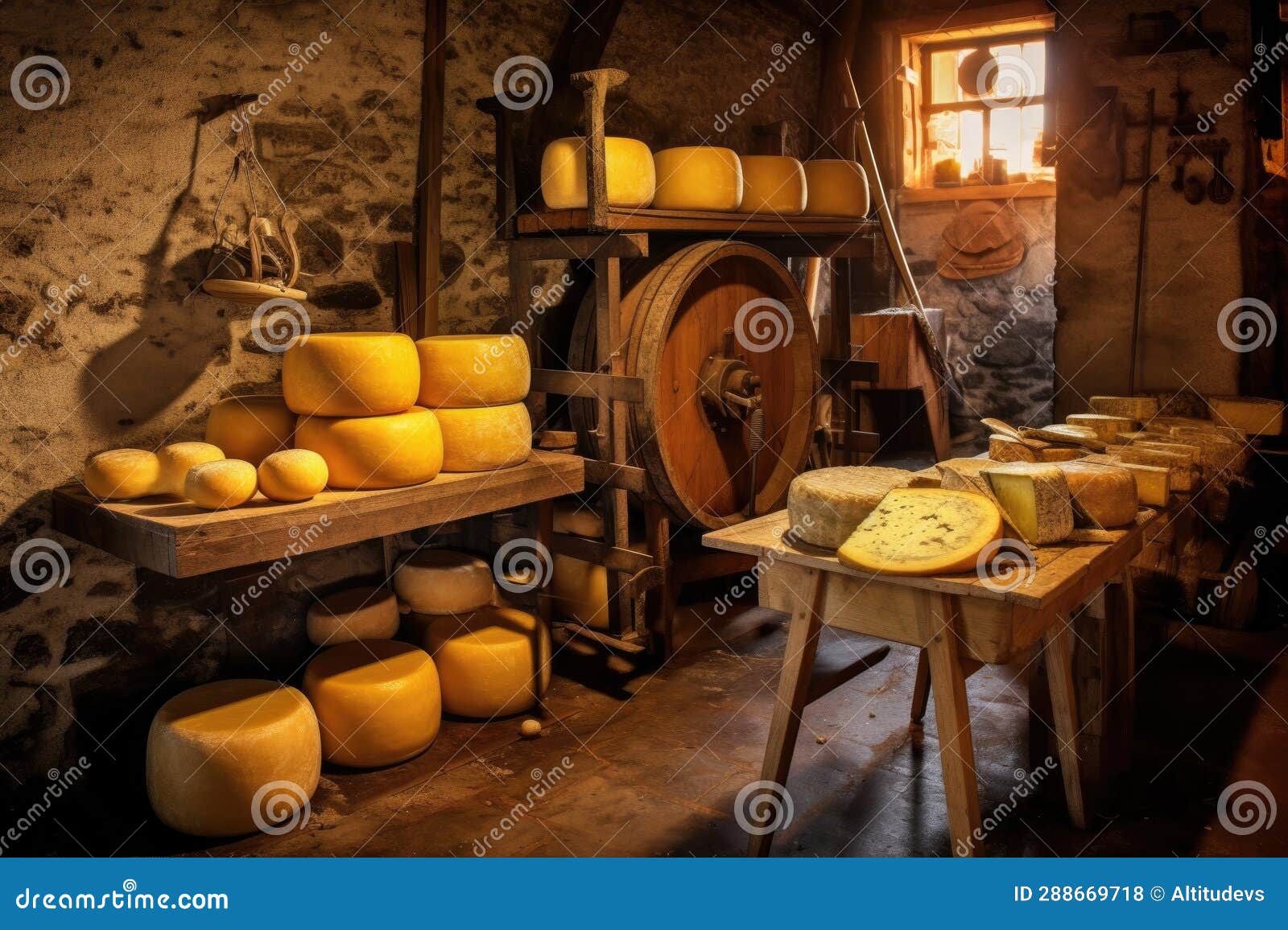 Cheese Wheels Stacked in Cellar with Temperature Gauge Stock Photo ...
