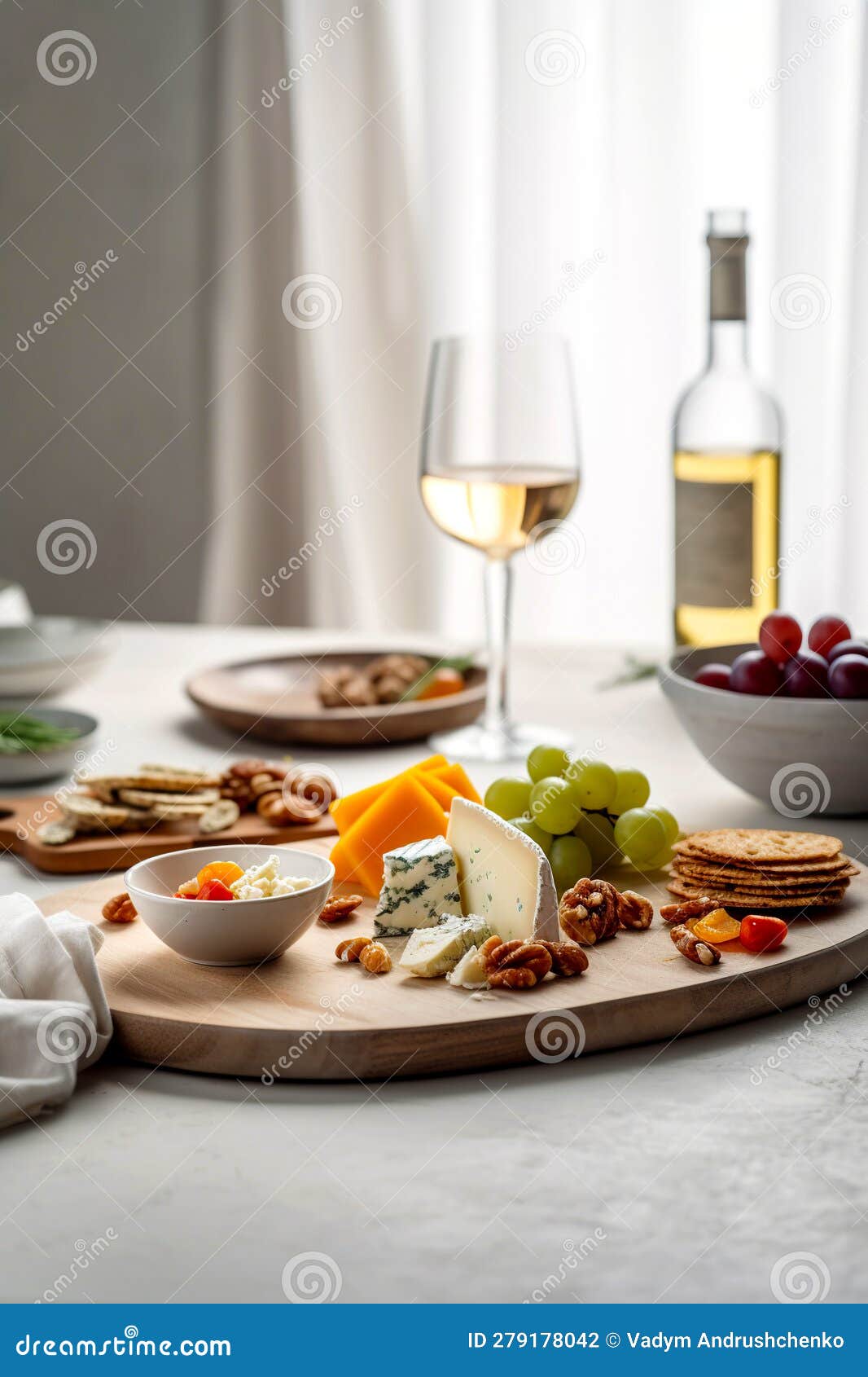 Cheeseboard with Assorted Cheese Near Wineglass and Bottle on Table ...
