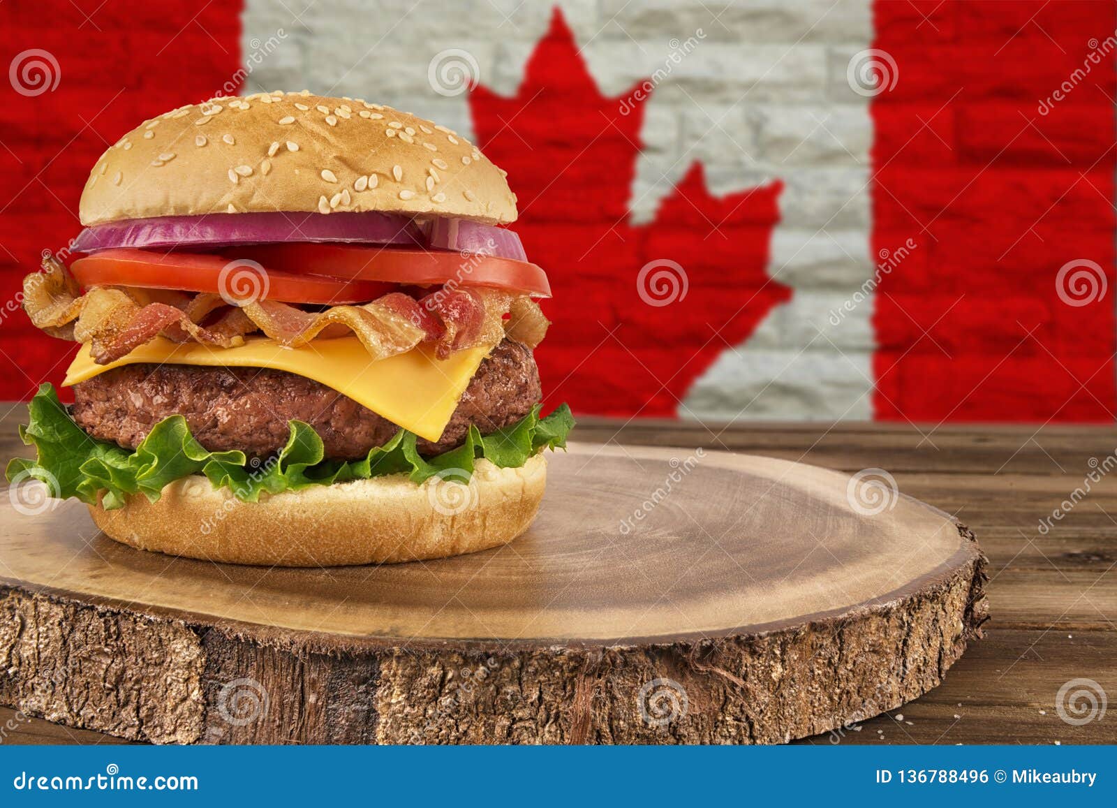 Cheeseburger with Bacon. Canada Flag`s on Brick Wall. Stock Photo ...