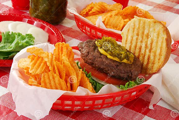 Cheeseburger in a basket stock photo. Image of barbecue - 16887522