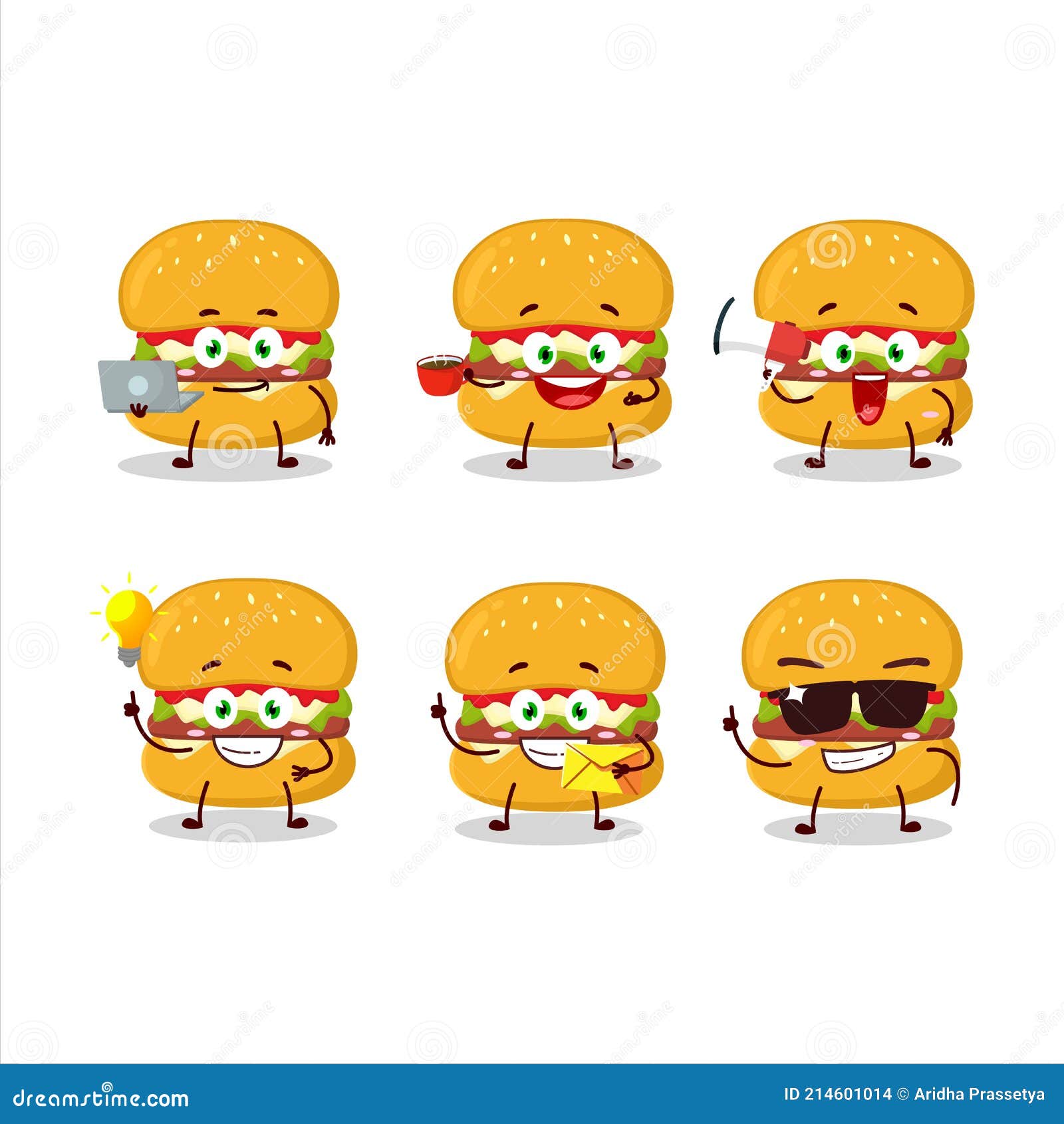 Cheeseburger Cartoon Character with Various Types of Business Emoticons ...