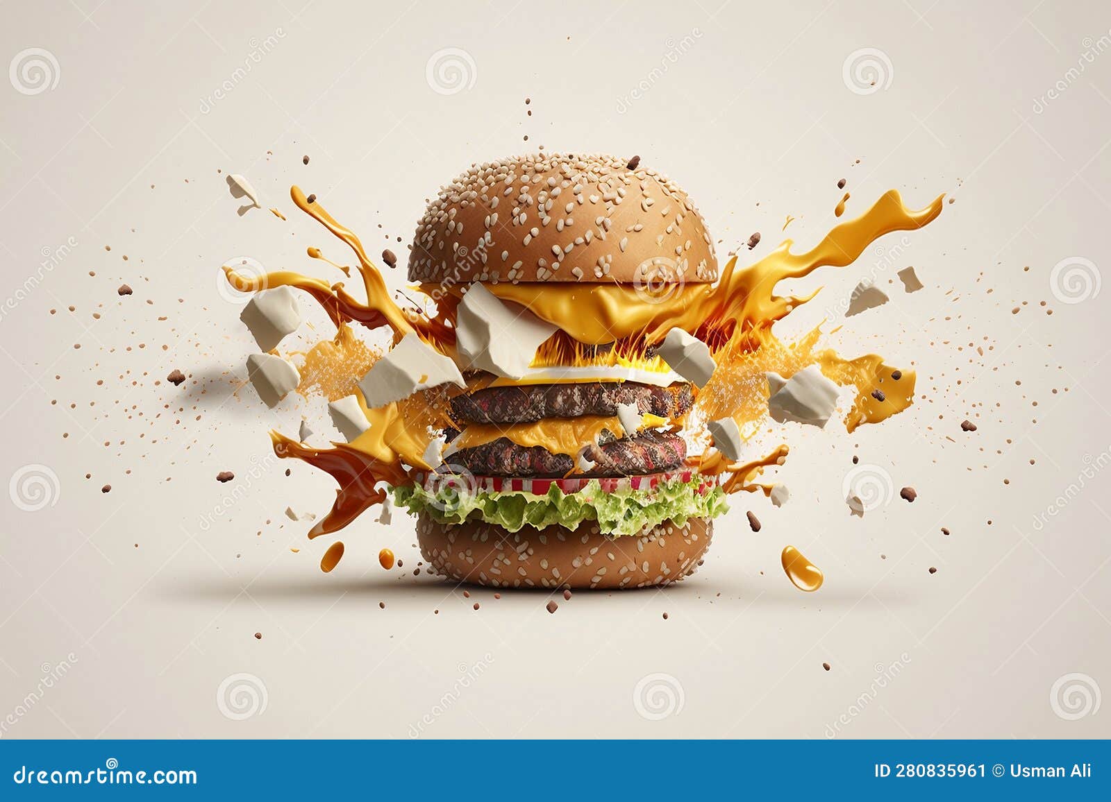 Cheeseburger Explosion on White Background. AI Stock Illustration ...