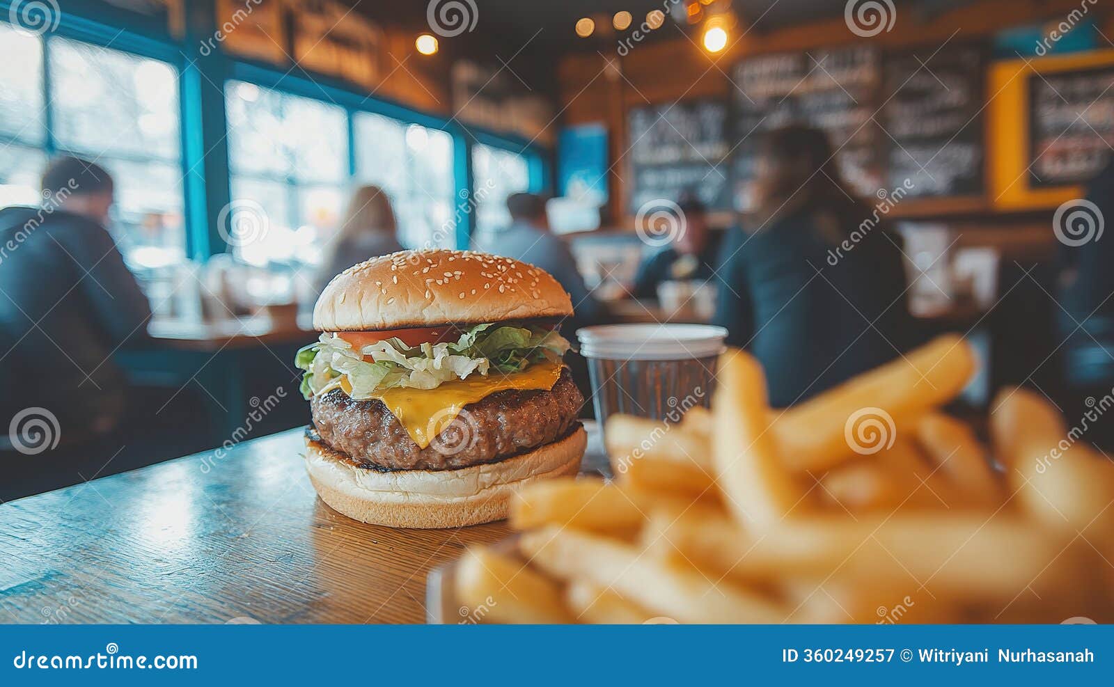 Cheeseburger Fries Cafe Lunch Busy Background Stock Image - Image of ...