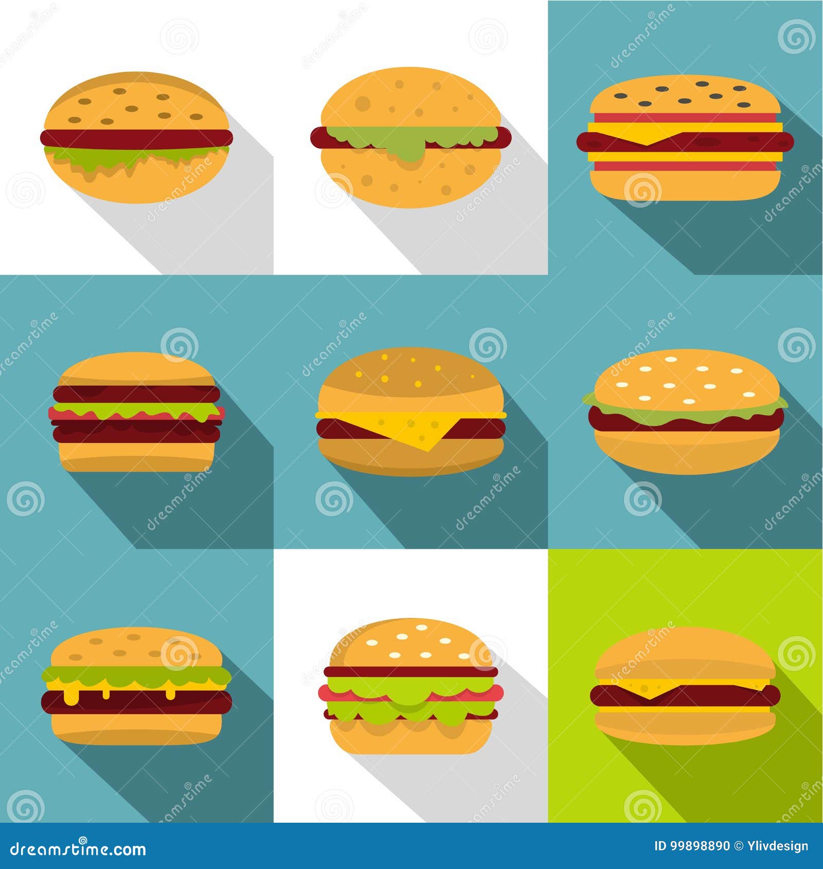 Cheeseburger Icons Set, Flat Style Stock Vector - Illustration of ...