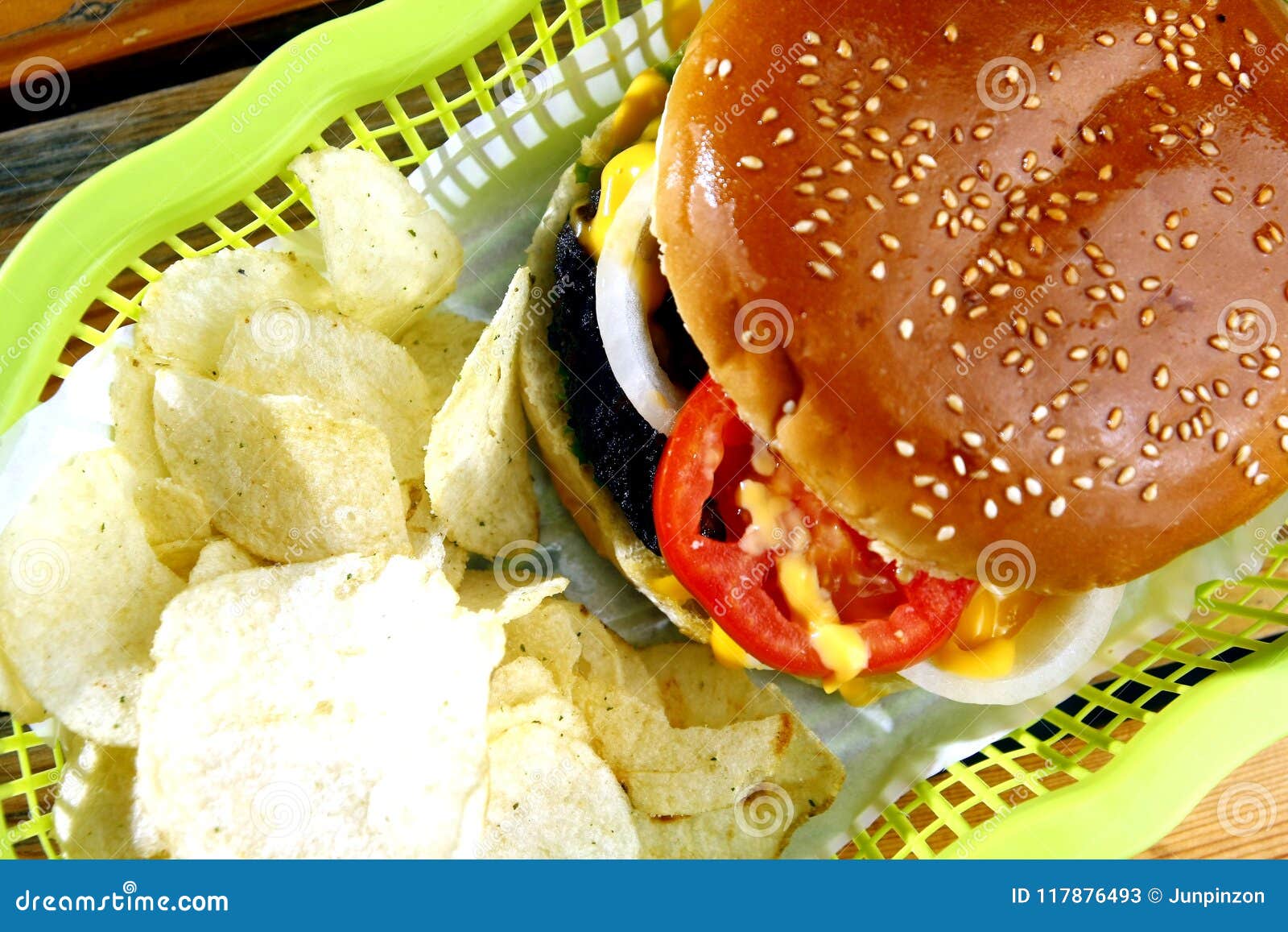 Cheeseburger and Potato Chips Stock Image - Image of diet, health ...