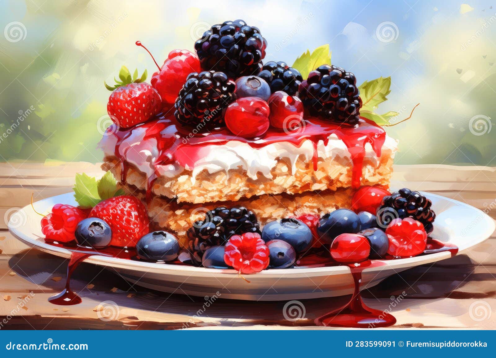 Cheesecake With Berries Watercolor Close Up Creamy Mascarpone Cheese