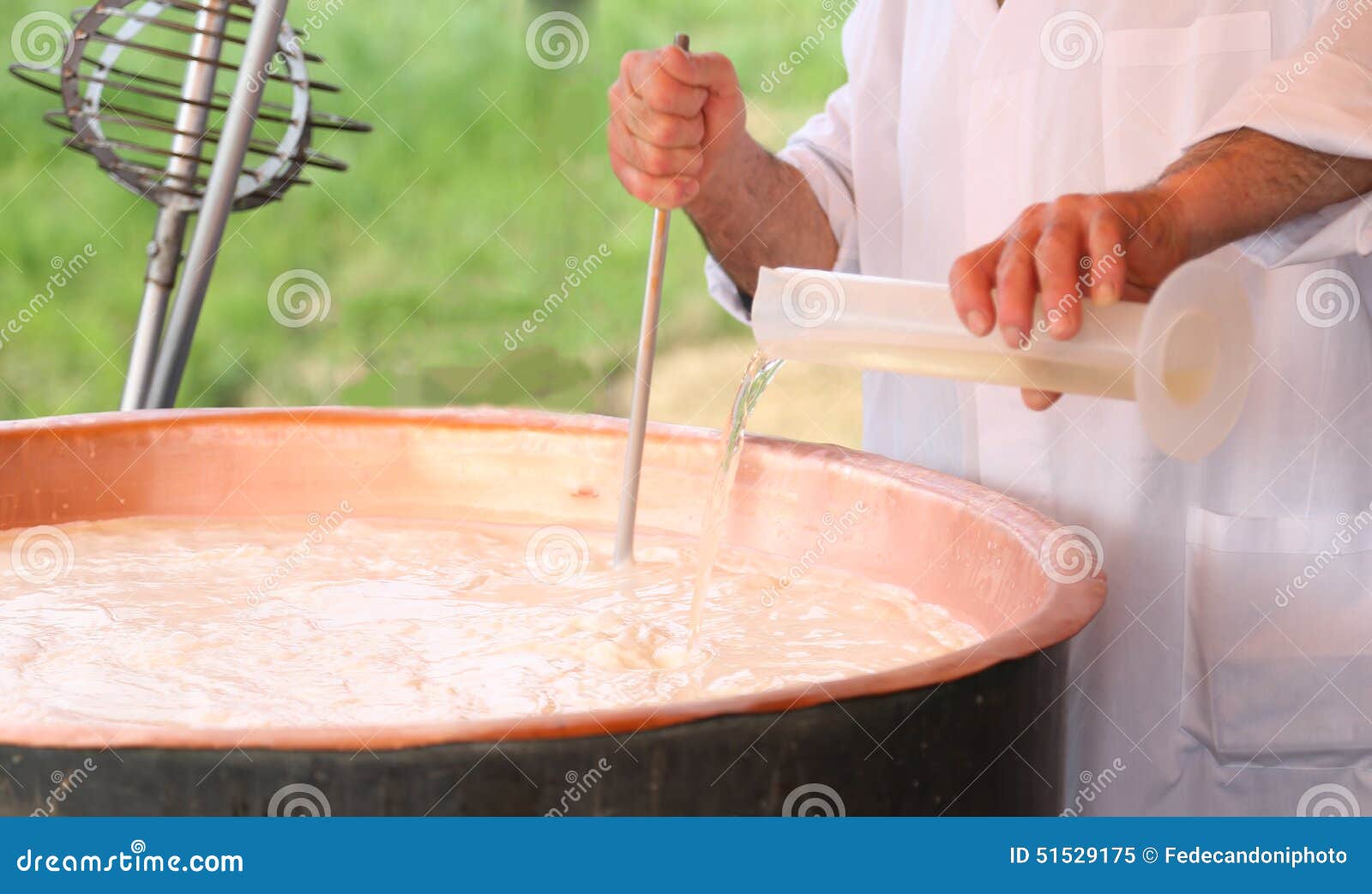 Cheesemaker Pours Milk Rennet in Copper Pot for Making Cheese Stock ...