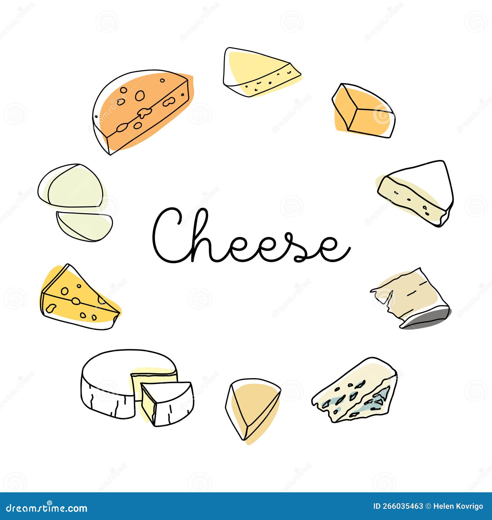 Collection Different Types Of Cheeses In Line Art Drawing Style In ...