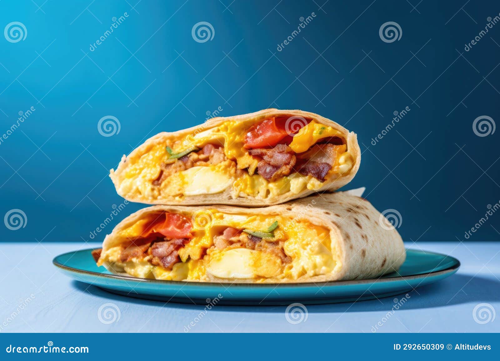 A Cheesy Breakfast Wrap Against a Blue Background Stock Image - Image ...