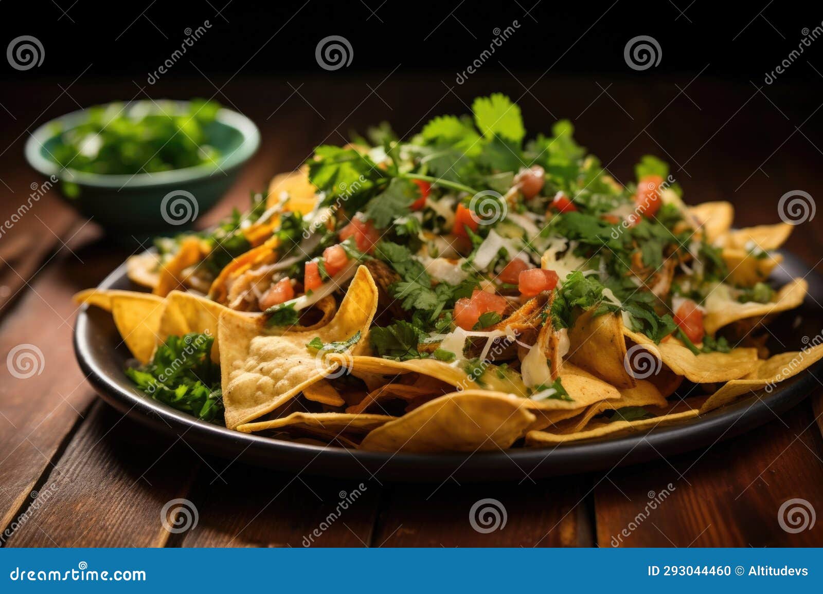 Cheesy Nachos Garnished with Fresh Cilantro Leaves Stock Photo - Image ...