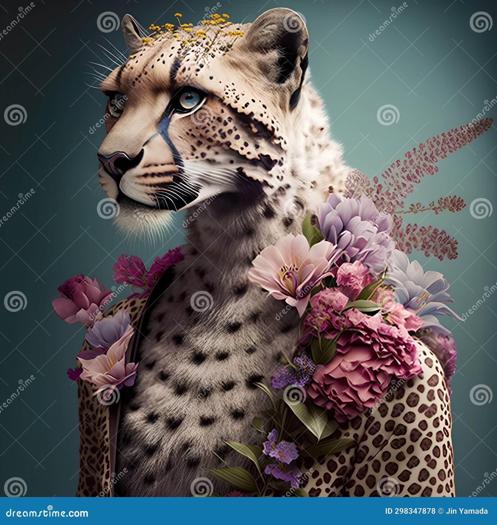 Cheetah with Bouquet of Flowers on a Blue Background. Stock ...