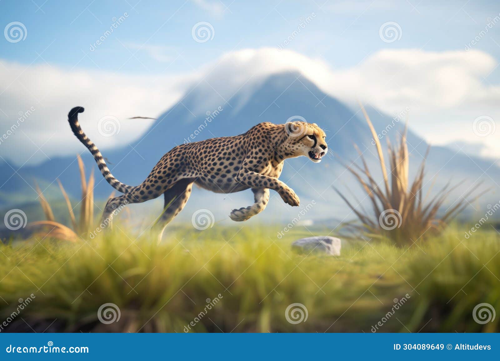 Cheetah Chasing Prey with Mountain Backdrop Stock Image - Image of ...