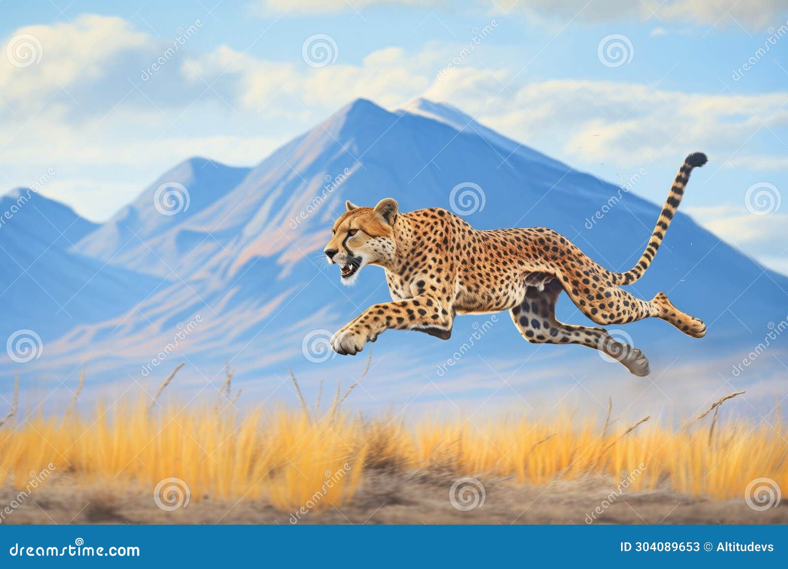 Cheetah Chasing Prey with Mountain Backdrop Stock Image - Image of ...