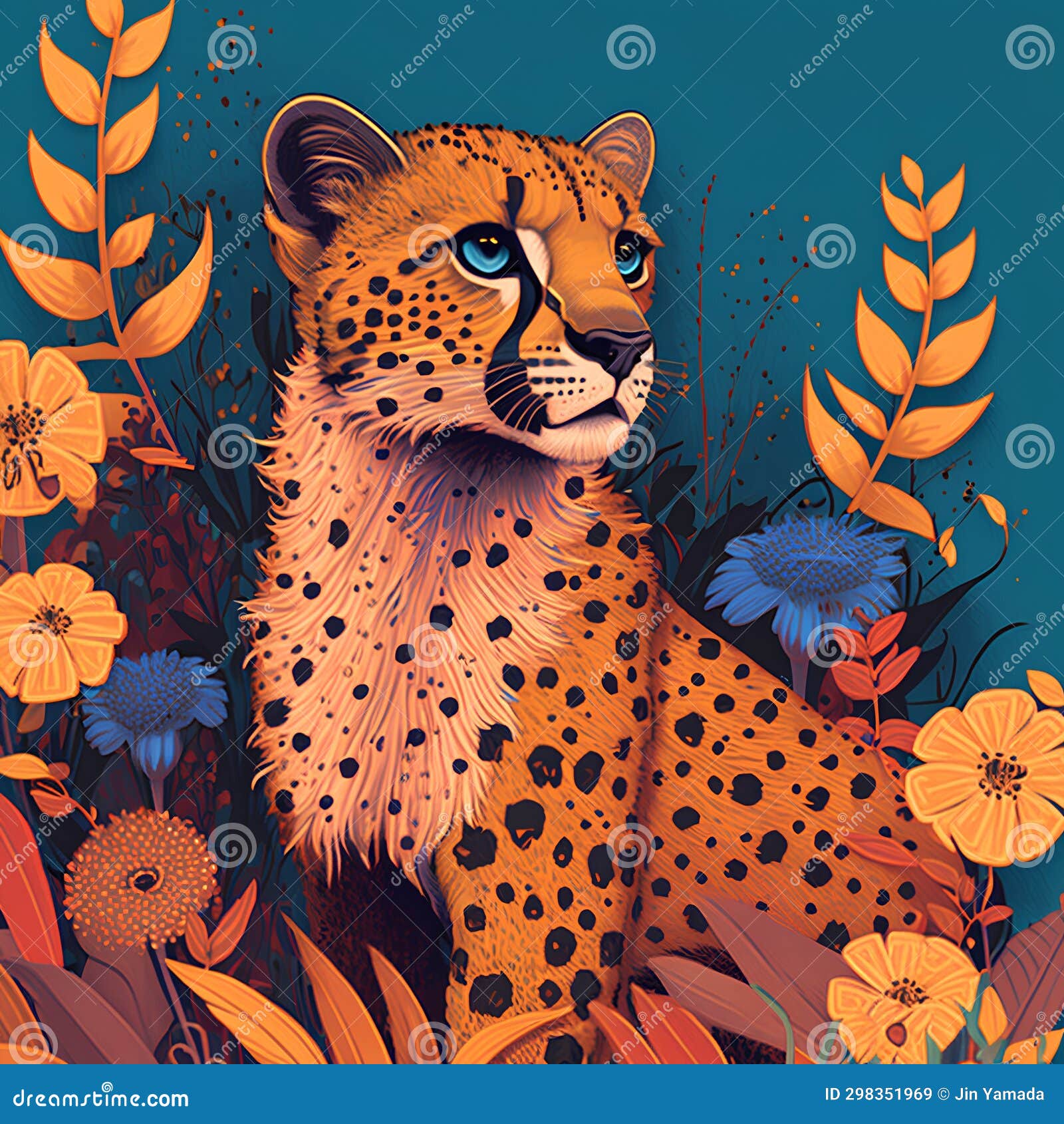 Cheetah with Flowers on Blue Background. Hand Drawn Vector Illustration ...