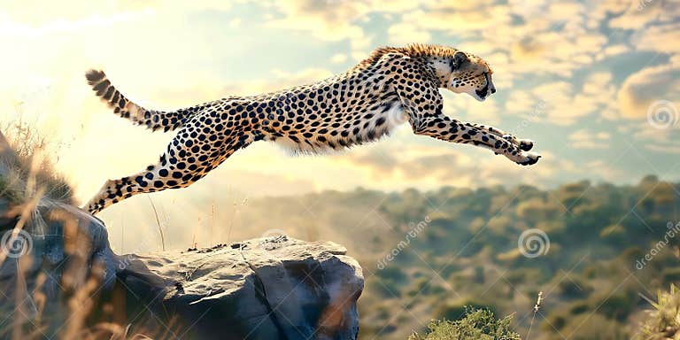 Cheetah Jumping at Speed in Nature Stock Illustration - Illustration of ...