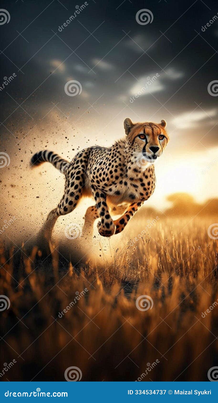 Cheetah Sprinting at Sunset: Dynamic Pose with Dust Trail in a Golden ...