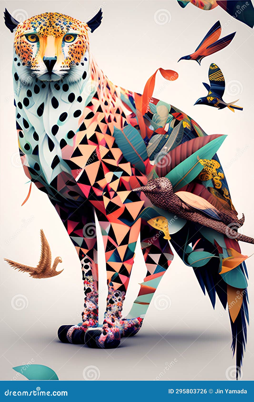 Cheetah with Tropical Leaves and Exotic Birds on a White Background ...